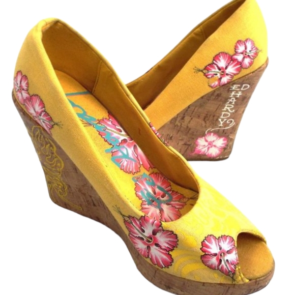 Ed Hardy | Shoes | Ed Hardy Yellow Coraline Floral High Heel Wedges ...